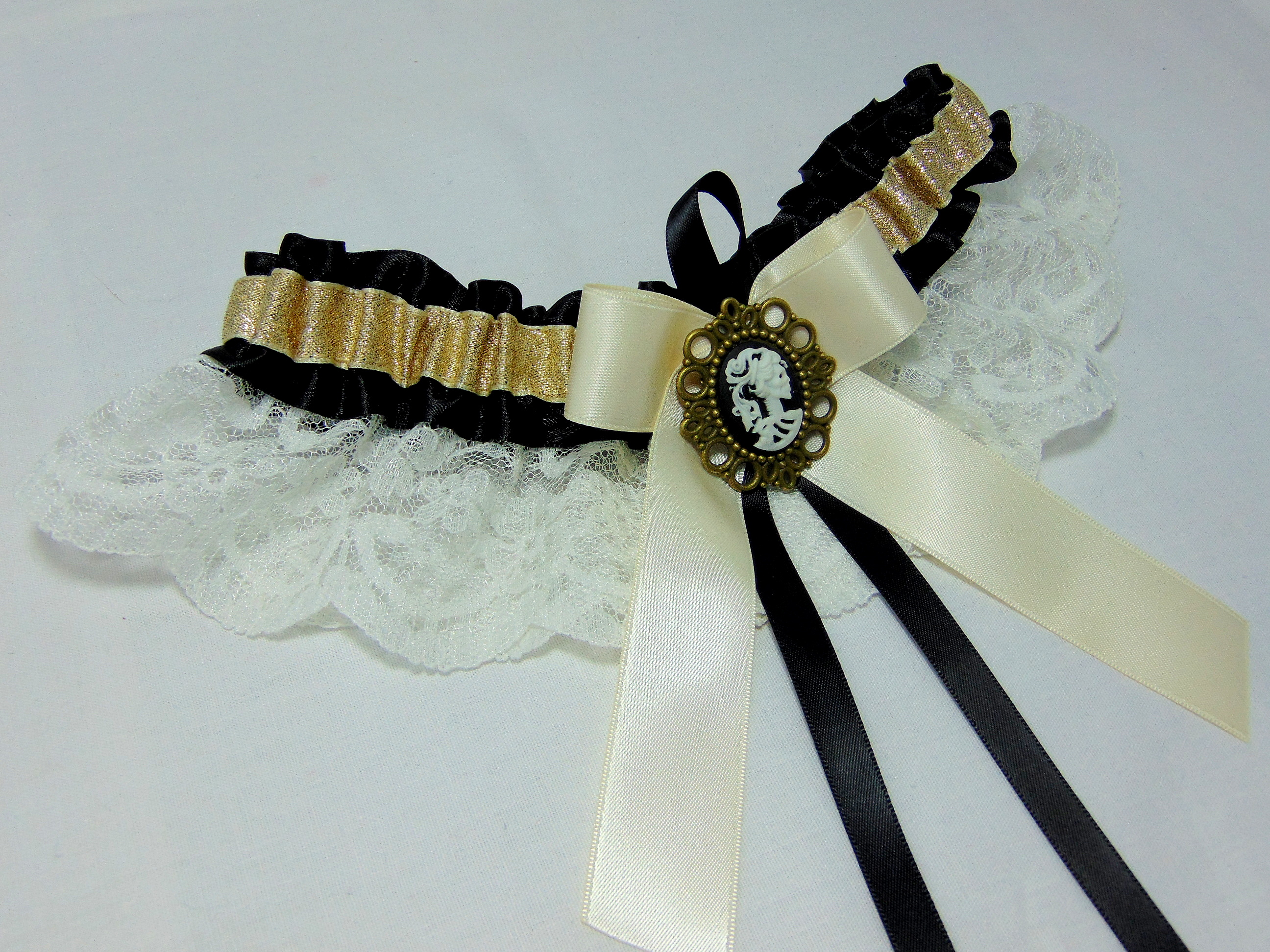 Golden Victorian Gothic Cameo Skull Bridal Wedding Garter - GracefulGarters