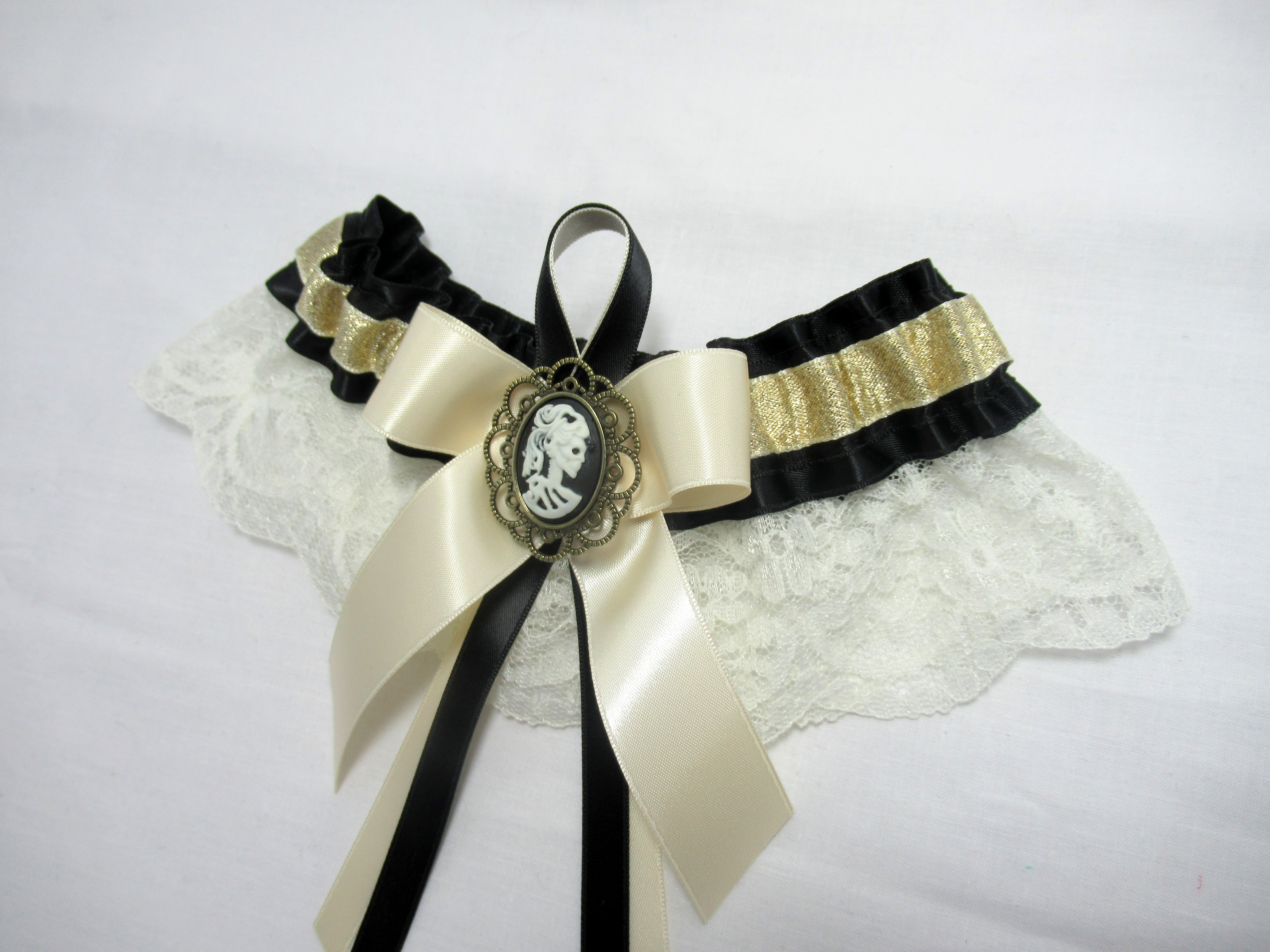 Golden Victorian Gothic Cameo Skull Bridal Wedding Garter - GracefulGarters
