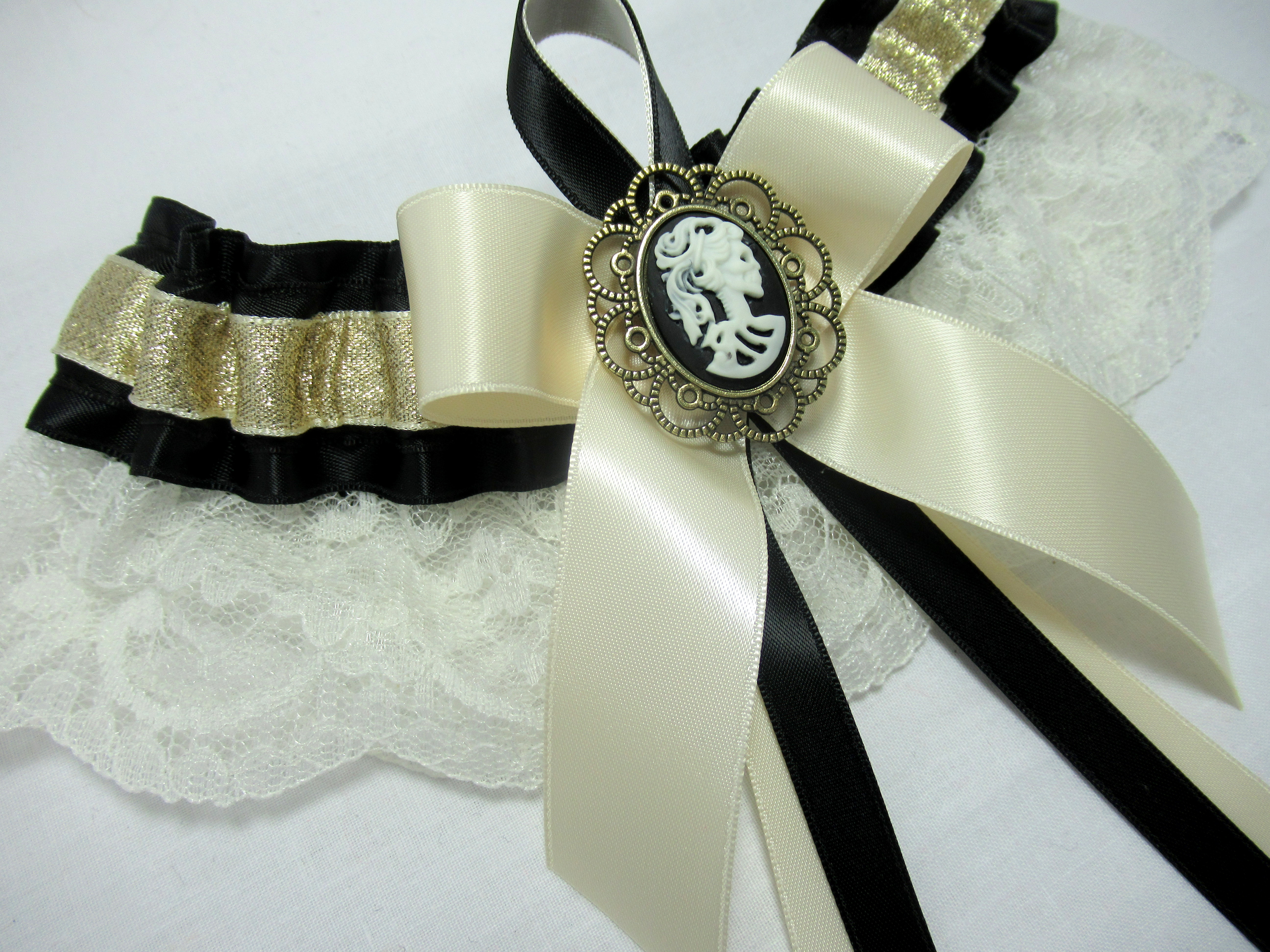 Golden Victorian Gothic Cameo Skull Bridal Wedding Garter - GracefulGarters